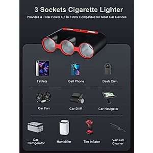 120W Car Cigarette Lighter Splitter, 3 Socket Car Splitter 12V/24V Dual USB Car Charger Adapter for iPhone, iPad, GPS, Dashcam, Radar Detector and More