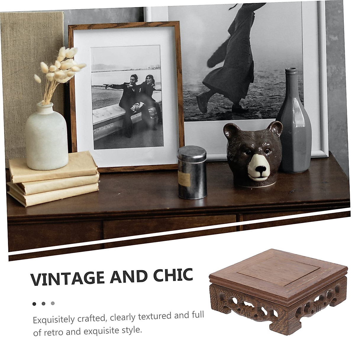 COLLBATH 4pcs Carved Wood Lifting Base Wood Display Stand Riser Flower Pot Stand Thai Wood Base Retro Crafts Stand Planter Holder Buddhist Plant Holder Wood Trim Desktop Teapot Stand Wooden