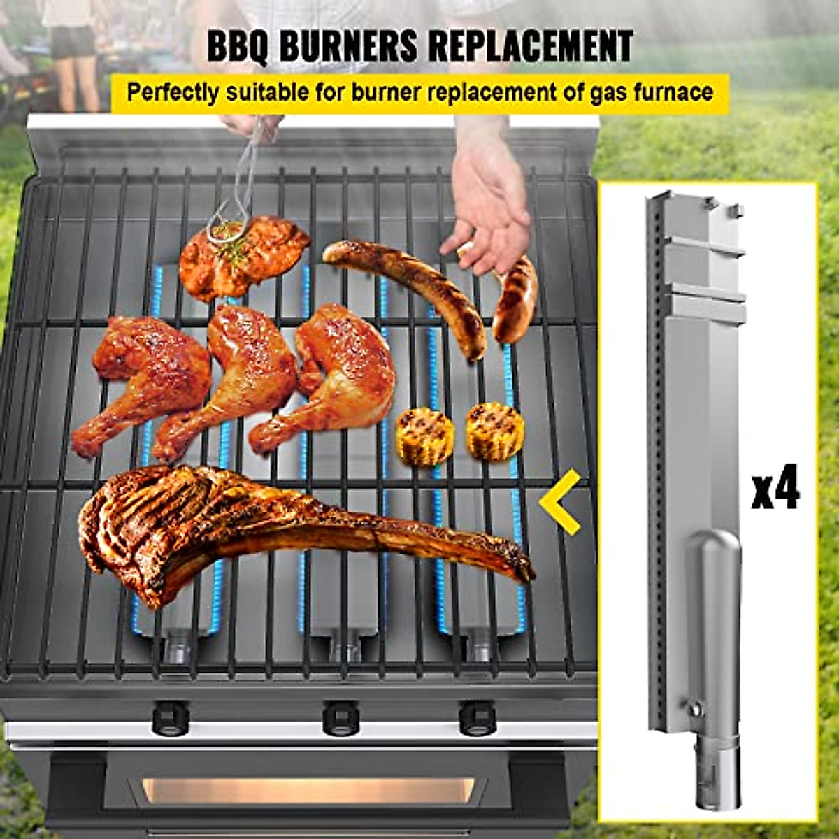 VEVOR Grill Burners, Stainless Steel BBQ Burners Replacement, 4 Packs Grill Burner Replacement, Flame Grill with 16.1" Length Barbecue Replacement Parts with Evenly Burning for Premium Gas Grills