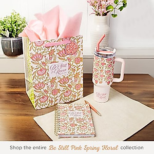 Christian Art Gifts Extra Large Stainless Steel Double Wall Vacuum Insulated Travel Tumbler for Women: Be Still Inspirational Scripture, Lid, Reusable Straw, Wide Handle, White & Pink Floral, 40 oz.