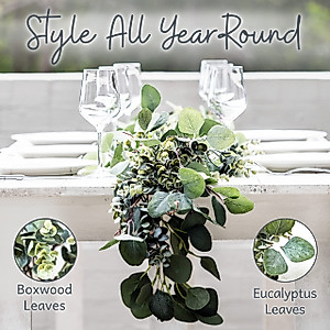 WildIvory Eucalyptus Garland - Lush, Natural Looking Artificial Faux Greenery Garland Vine for Wedding Decor, Table Runner, Mantle. Abundant Textured Boxwood, Silver Dollar Eucalyptus Leaves