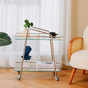 VLOBAOM 2-Tier Rolling Bar Cart, Modern Serving Cart with Lockable Wheels, Mobile Home Coffee Station Metal Frame, Kitchen Trolley Storage Shelf,25''Dx15''Wx27''H,Clear