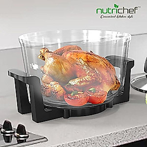 Nutrichef Convection Countertop Toaster Oven - Healthy Kitchen Glass Air Fryer Roaster Oven, Bake, Grill, Steam Broil, & Roast - Includes Glass Bowl, Broil Rack, & Toasting Rack - 18 Quart Capacity
