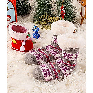 Girls Boys Kids Fuzzy Slipper Socks Fluffy Cozy Cabin Warm Winter Plush Sherpa Comfy Fleece Lined Home Soft Sleep Thick Grips Gripper Non Slip Christmas Socks Gift Stocking Stuffers for Child (Snowflake Grey, 5-9 Y)