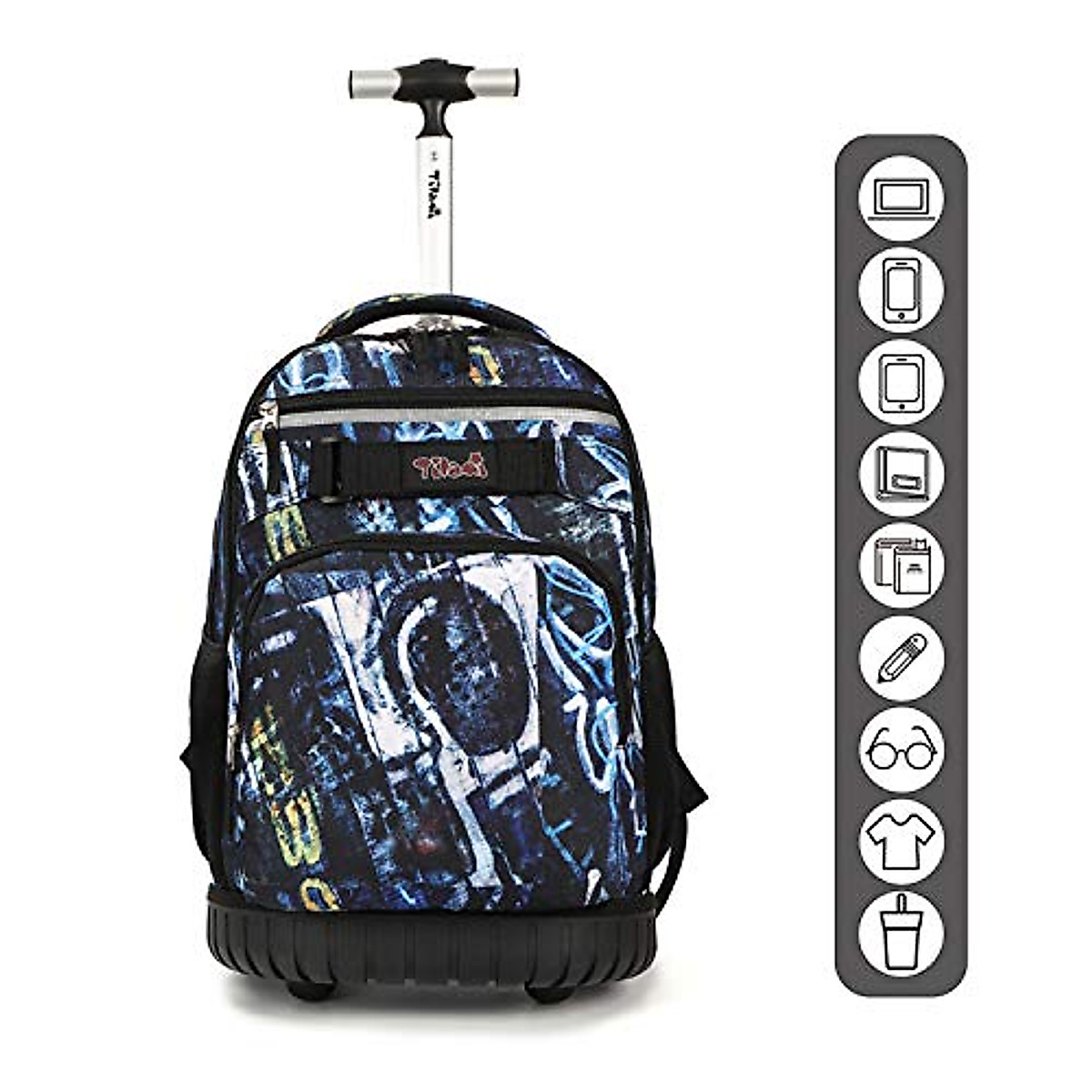 Tilami Rolling Backpack 18 inch with Pencil Case Wheeled Laptop Bag (Blue Letters)