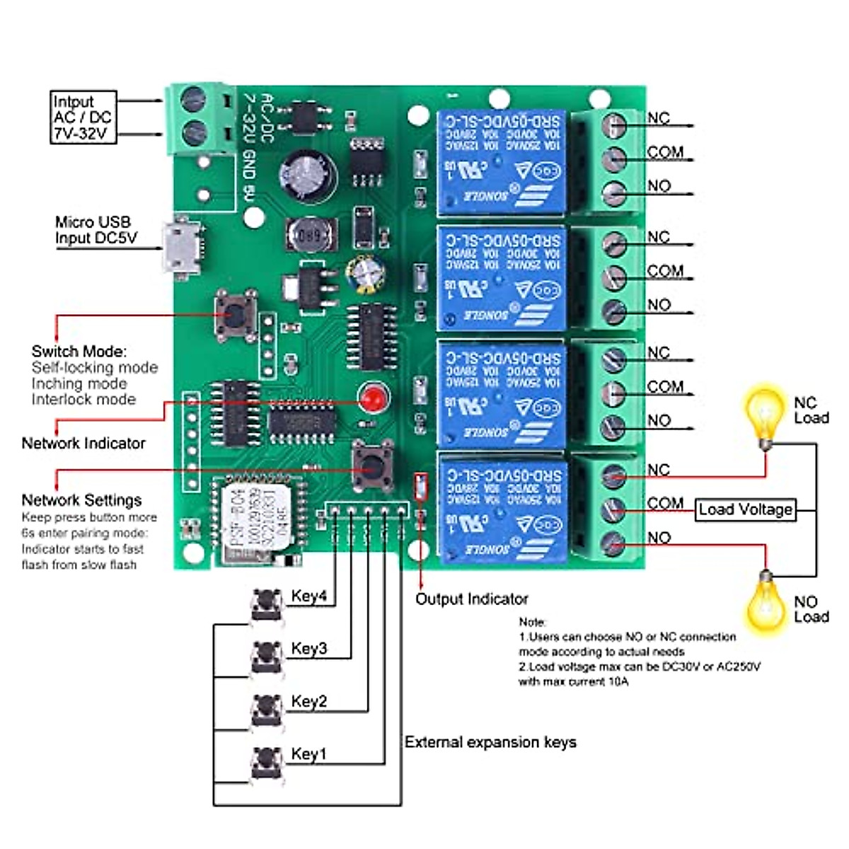 4 Channel Relay WiFi Module DC 12V 24V Switch Interlock Inching Self-Locking APP Remote Controller for Garage Door Smart Home Devices