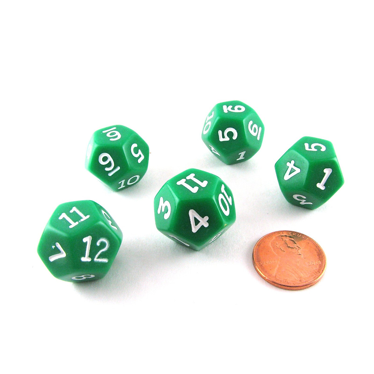 Koplow Games Set of 5 D12 12-Sided 18mm Opaque RPG Dice - Green with White Numbers