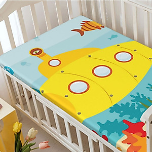 Yellow Submarine Themed Fitted Crib Sheet,Standard Crib Mattress Fitted Sheet Soft & Stretchy Fitted Crib Sheet -Crib Mattress Sheet or Toddler Bed Sheet,52“ x28“,Pale Blue Yellow