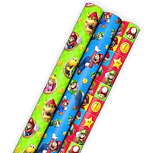 Hallmark Nintendo Super Mario Birthday Wrapping Paper Rolls for Kids Birthdays, Christmas, Any Occasion (Set of 3 Rolls: 60 Sq. Ft. Total) Mario, Luigi, Yoshi, Bowser, Princess Peach, Toad