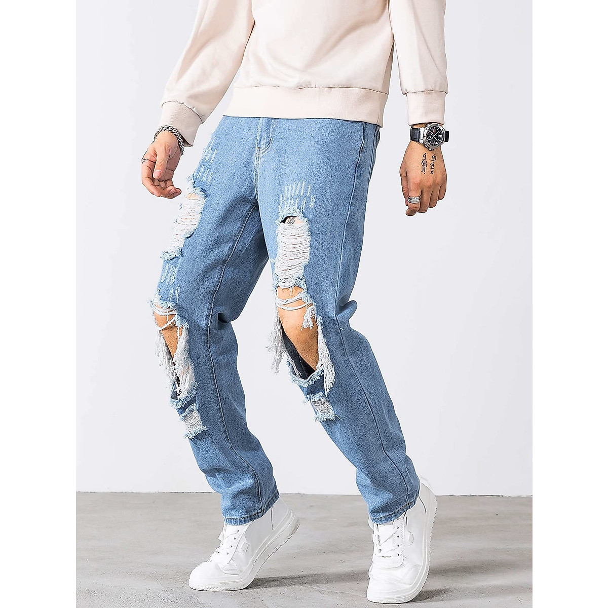 WDIRARA Men's Cut Out Ripped Frayed Zipper Fly Long Straight Leg Denim Jeans Light Wash L