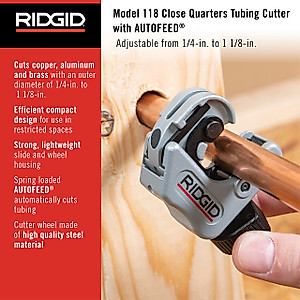 RIDGID 86127 Model 118 Close Quarters AUTOFEED 1/4" to 1-1/8" Copper, Aluminum, Brass, and Plastic Tubing Cutter