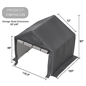 WEASHUME 10x10 ft Outdoor Storage Shelter Portable Garage Storage Shed with Steel Metal Frame, Detachable Roll-up Zipper Door and Waterproof Cover, Storage Carport Tent,Dark Grey
