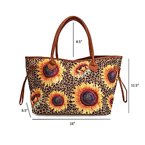 Oversized Tote Handbag Sunflower Purse with Inner Pockets Cheetah Printing Canvas Beach Bag for Women (X-large, leopard sunflower)