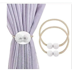 4 Pack Magnetic Curtain Tiebacks Pearl Ball Home Window Curtain tiebacks The Most Convenien Tie Backs, Weave Clips Rope Straps Holder for Big,Wide or Thick Drapries (Beige)