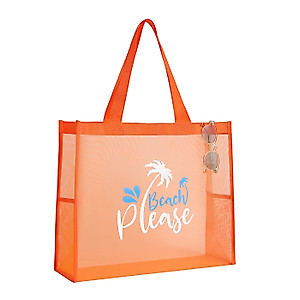 Mesh Beach Bag - Beach Bags Waterproof Sandproof, Extra Large Beach Tote Bag For Toys & Vacation Essentials (Orange Mesh Orange Handles)