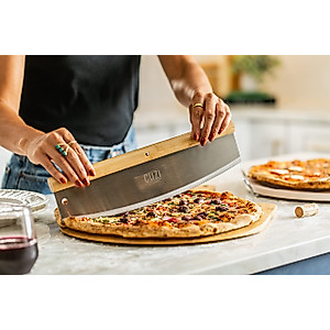 Cuzi Gourmet 4-Piece Large Pizza Stone Set - 13" Thermal Shock Resistant Cordierite Pizza Stone with Handle Rack, 19" Natural Bamboo Pizza Peel & Pizza Cutter - Large Baking Stone for Grill and Oven