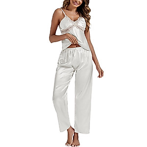 LYANER Women's Satin Silk Pajamas Set V Neck lace Trim Cami Top and Pants Sleepwear Pjs Set White Large