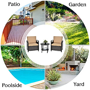 Tangkula 3 Piece Rattan Sofa Set, Patio Conversation Bistro Set w/Coffee Table, Seat and Back Cushions, Sturdy Steel Frame, Outdoor Furniture Set for Garden, Backyard, Balcony, Poolside