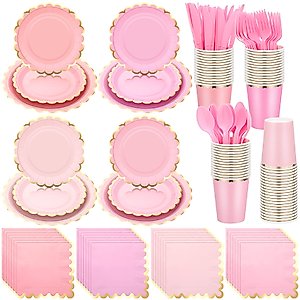 Yaomiao 168 Pcs Disposable Dinnerware Set Party Supplies, Scalloped Paper Plates Cups Napkin with Gold Foil Plastic Forks Knives Spoons Serve 24 Guests for Birthday Baby Shower (Pink,Round)