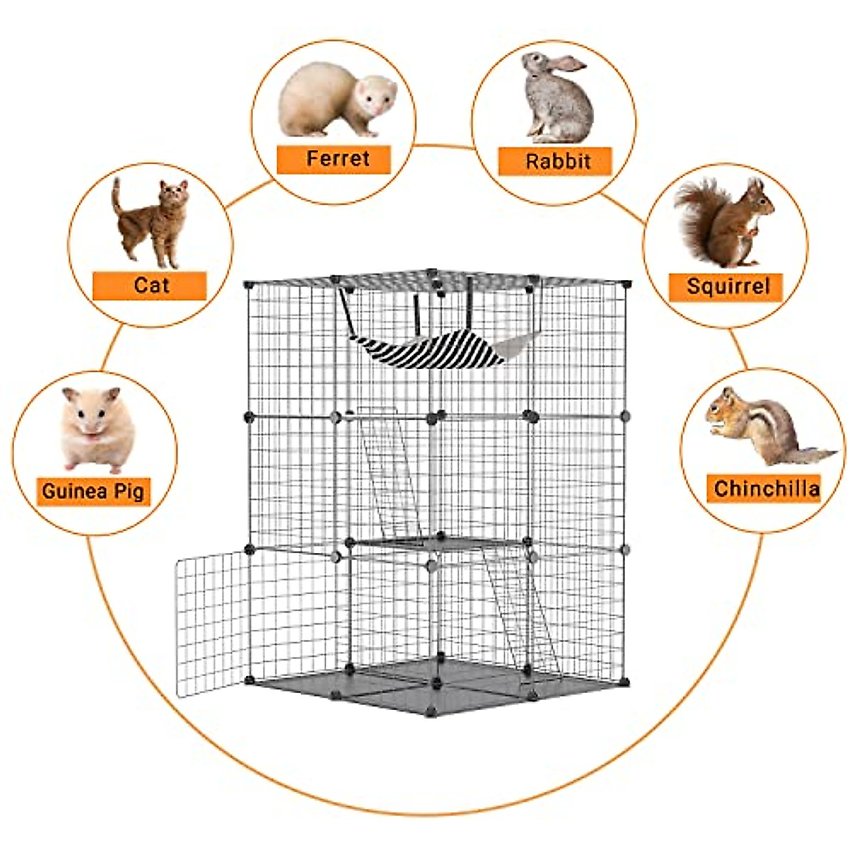 IKARE Cat Cage DIY Indoor Pet Home Small Animal House Detachable Playpen with 3 Doors 3 Tiers for Kitten Puppy Bunny Exercise. (Black，27.6 x 27.6 x 41.3Inch)