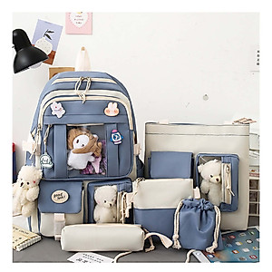 Kawaii Backpack 5Pcs Set Aesthetic School Bags 17in Cute Bookbag with Badge&Pendant,Shoulder Bag,Pencil Box,Tote Bag,Small Bag Blue