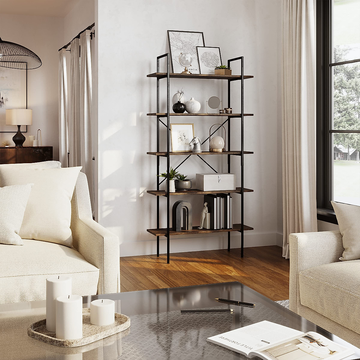 Lavish Home 5-Tier Bookshelf – Open Industrial Style Wooden Bookcase – Freestanding Shelving Unit for Home or Office (Brown Woodgrain) Set of 2