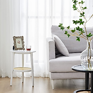 Apicizon 2 Tier Round Side Table, White Rattan Nightstand Bedside Table with Storage, Boho End Table for Living Room, Bedroom, Small Spaces, Easy Assembly, 15 x 19.3 Inches