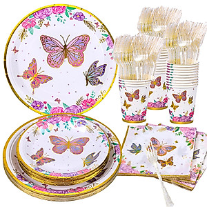 Decodinli Butterfly Party Supplies, Butterfly Birthday Party Decorations, Butterflies Plates and Napkins, Butterfly Fairy Themed Birthday Party, Baby shower Plates, Cups and Tableware Set Serves 20