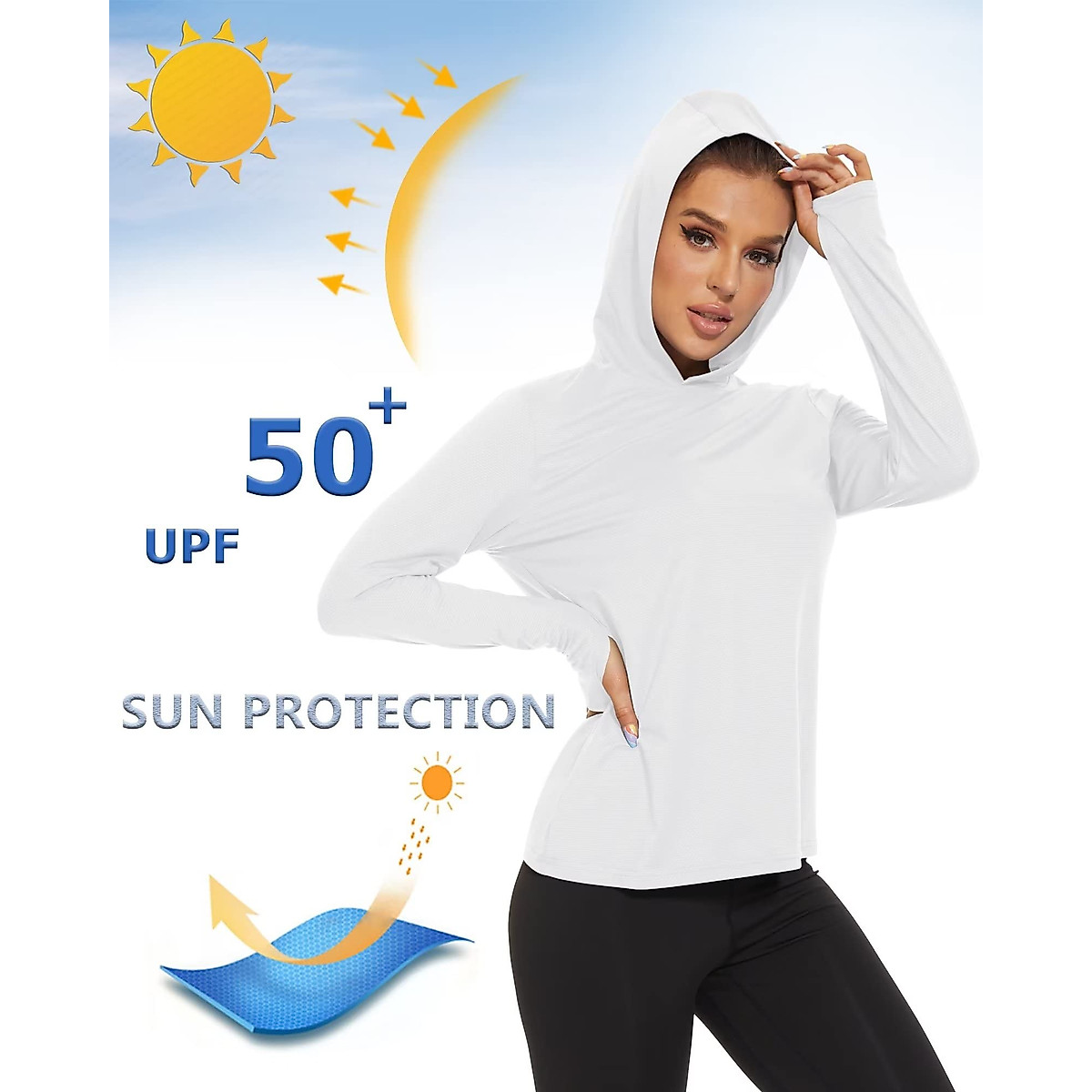 KEFITEVD Hiking Shirts Women Quick Dry Long Sleeve Workout Sun Shirt Women UPF 50+ UV Sun Protection Hoodie Summer Shirts White