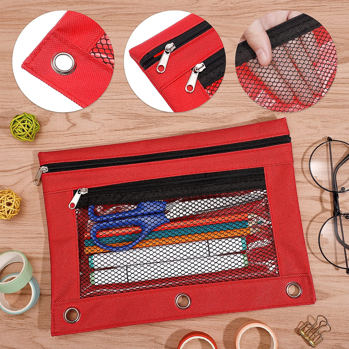 Antner Binder Pencil Pouch for 3 Ring Binder, 2 Pack 3 Ring Binder Pencil Pouches Double Zipper Pencil Case Cosmetic Bag, Red