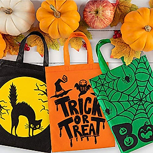 Whaline 12 Pack Halloween Trick or Treat Bags Non-Woven Tote Gift Bag Skull Pumpkin Web Spider Witch Candy Bags Reusable Goodie Treat Bag with Handle for Halloween Party Favors, 12 x 15"