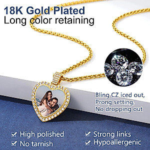 Custom Necklace with Picture Inside Photo Necklace Personalized Memorial Heart Necklaces for Women Bling CZ 18K Gold Plated Fake Gold Pendant Engraved 18'' 22'' Keepsakes Hiphop Jewelry for Lover Mother Gift for Family Couples