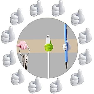 Silicone Thumb Hook - 12pcs Creative Self-Adhesive Wall Hooks for Can Store Keys, Data Cable, Headphone Cable, No Punching（White）
