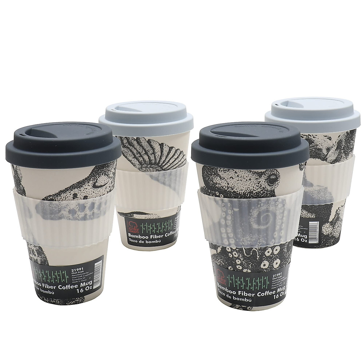 Chef Craft Eco Bamboo Fiber Travel Mug, 16 Ounce 4 Piece Set, Natural
