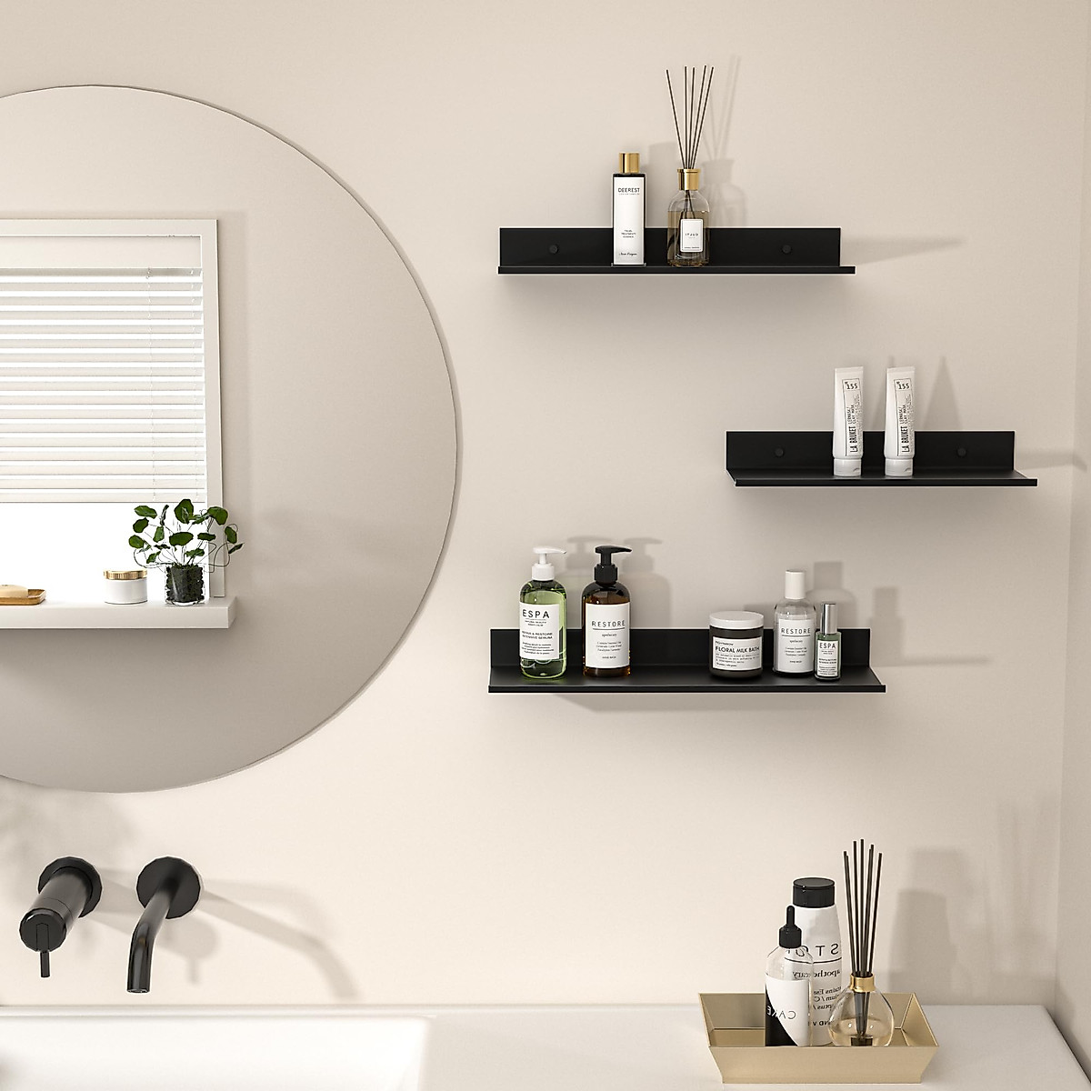 Wisfame Floating Shelves for Wall Set of 3, Black Metal Wall Shelves for Bathroom 11.8/13.8/15.7 in, Modern Small Adhesive Shelf for Living Room, Bedroom, Office, Kitchen