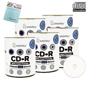 Smartbuy 500-disc 700mb/80min 52x CD-R White Inkjet Hub Printable Recordable Disc + Free Micro Fiber Cloth
