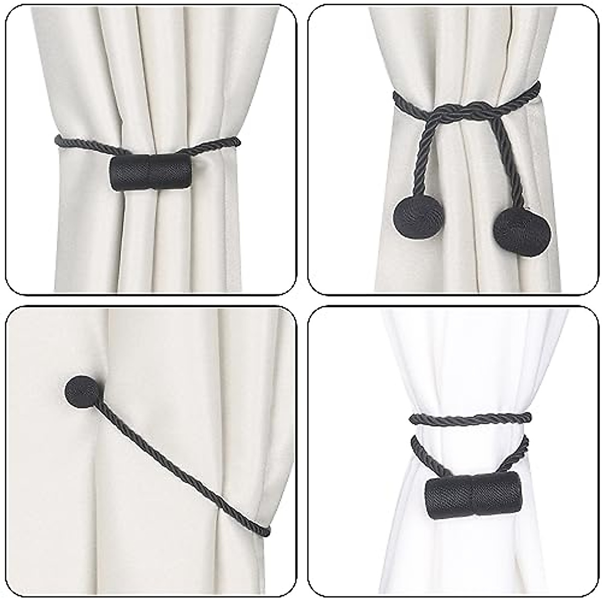 Groleca 4 Pack Magnetic Curtain Tiebacks Curtain Holdbacks Curtain Ties Outdoor Curtain Tiebacks Modern Rope Tiebacks Drapery Holdbacks Tie Backs for Curtains (Black, 4)