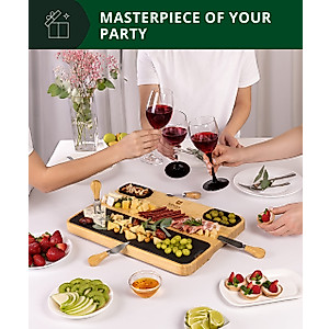 ROYAL CRAFT WOOD Extra Large Bamboo Cheese Board and Knife Set - With Slate Plate and Sauce Bowls