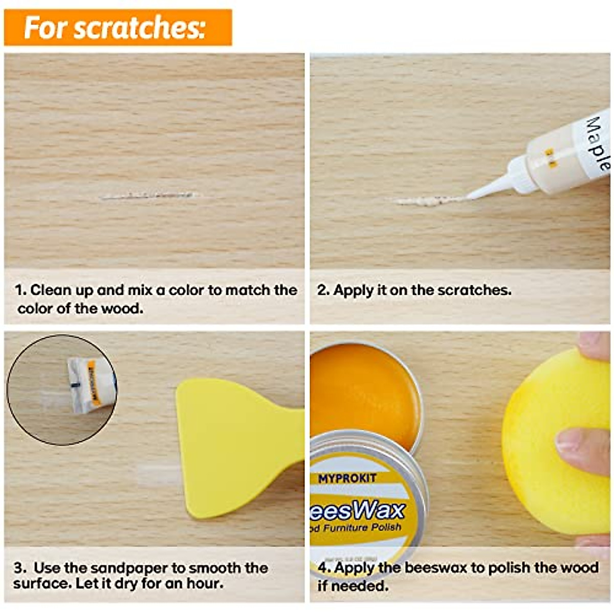 MYPROKIT Wood Filler, Wood Furniture Repair Kit, Wood Floor Scratch Remover with 18 Colors, Wood Putty and Beeswax for Wood Stains, Holes, Laminate, Cabinet, Tables, Cherry, Oak, Walnut - Set of 31