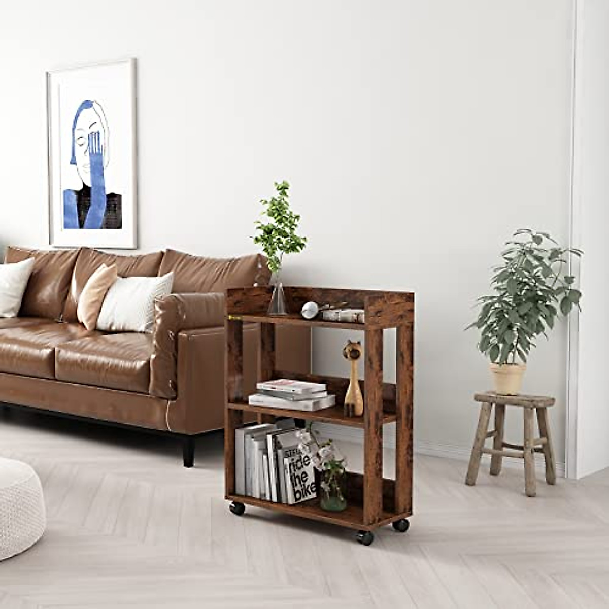MIN WIN 3 Tier Open Bookshelf,Small Bookshelves Storage Display Shelf with Universal Wheels,Movable Standing Shelf Units,Wood Storage Rack for Small Spaces Home Office Bookcases Book Shelves,Antique