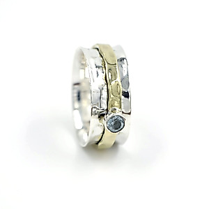 Natural Blue Topaz Ring 925 Sterling Silver Spinner Ring For Women Blue Topaz Spinner Ring Hammered Textured Wide Band Ring 925 Silver Ring Spinner Meditation Ring Topaz Jewelry Thumb Ring Anxiety Ring Worry Ring Fidget Ring Silver Wedding Band Ring Anniv