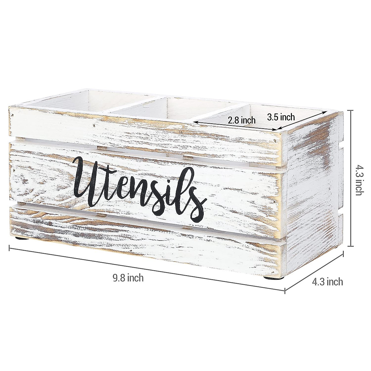 MyGift White Washed Solid Wood Farmhouse Kitchen Utensil Holder for Countertop with 3 Compartments and Stenciled UTENSILS Design, Flatware Organizer Holder