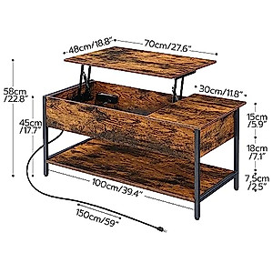 HOOBRO Lift Top Coffee Table, Coffee Table with Charging Station, Coffee Table with Lift Top and Power Outlet, Center Table for Living Room, Office, Reception Room, Rustic Brown and Black BF05UKF01