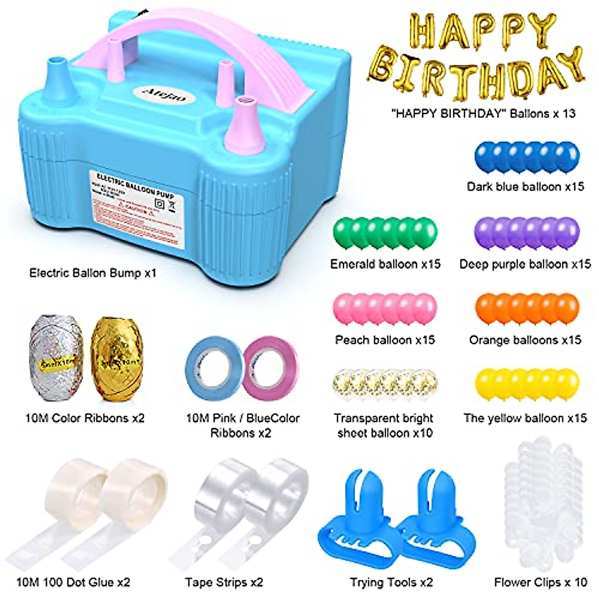 Balloon Pump,134 PCS Electric Balloon Pump 110V 600W Portable Dual Nozzles- Ballon Arch Garland Kit with Tape Strip, Tying Tool, Dot Glue, Flower Clip for Party Decoration