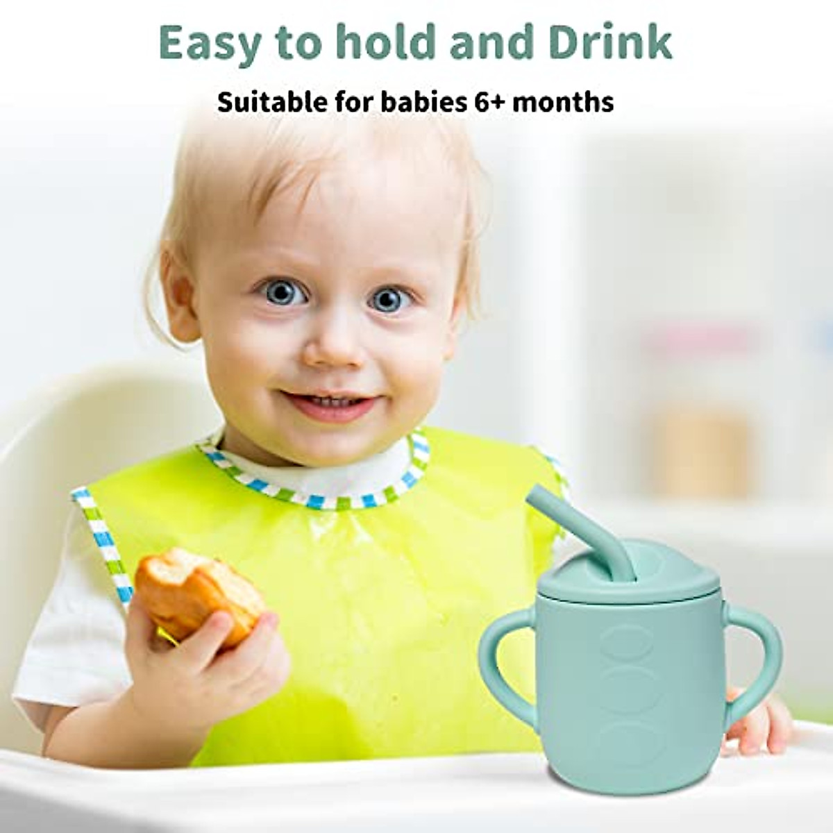 Adocham 100% Silicone Baby Cup With Straw & 2 Handles,Food Grade Toddler Infant Sippy Training Cups Spill Proof,BPA-Free,6 Months+,5oz (Cyan)