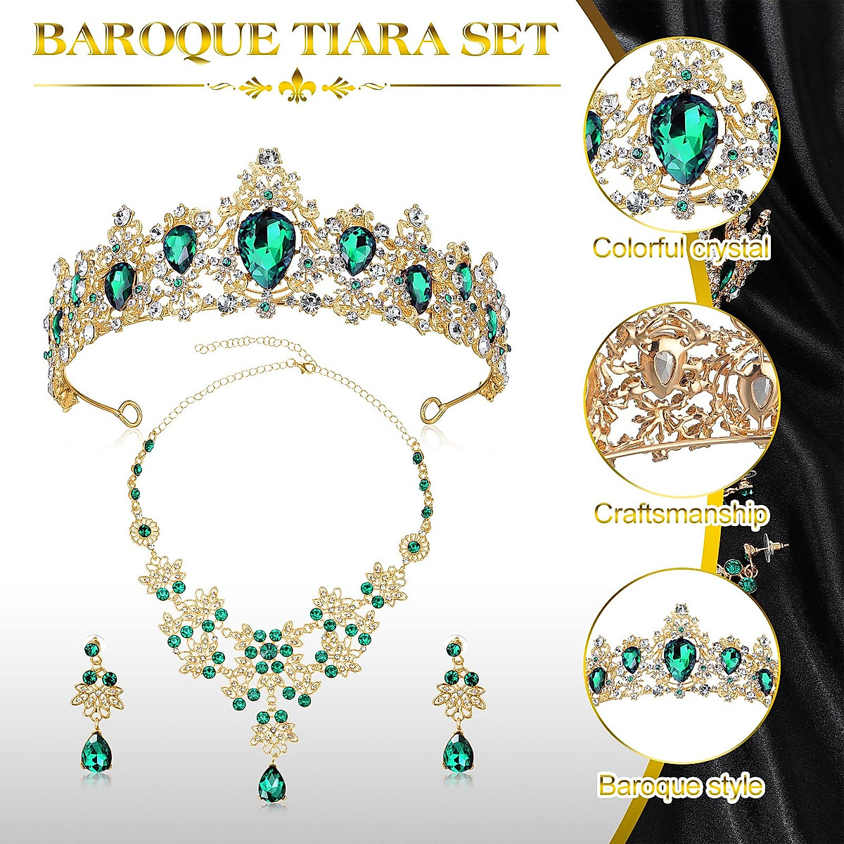 Sureio Baroque Bridal Jewelry Set 3 Pieces Tiara Earrings Necklace Bridal Jewelry Set Wedding Rhinestone Crystal Tiara Crown Headband Princess Baroque Crown for Bride Women(Blue)