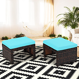 Tangkula 2 Pieces Patio Rattan Ottomans, All Weather Outdoor Footstool Footrest Seat with Soft Cushion, Hidden Zipper, High-Density Sponge, Wicker Ottoman Seat for Patio, Garden, Poolside (Turquoise)