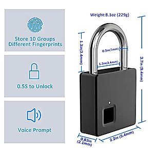 Fingerprint Padlock - with 2 Keys Backup - IP66 Waterproof Suitable for Outdoor - Heavy Duty Security Smart Lock with USB (Black)