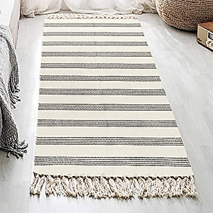 Stripe Boho Rug Runner 2' x 4.3', KIMODE Farmhouse Cotton Woven Small Traffic Area Rug Washable Fringe Tassels Throw Rug for Bathroom Kitchen Bedroom Laundry Doorway, Cream