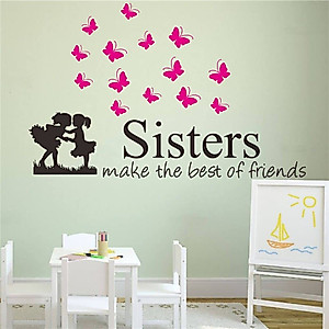 ANFRJJI Sisters Make The Best Friends Wall Decal with Butterfly Art for Girls Room - Removable PVC Vinyl Sticker - Effect 39x24 inch - Sisterhood Quote JWH174 (Black+Blush Butterfly)